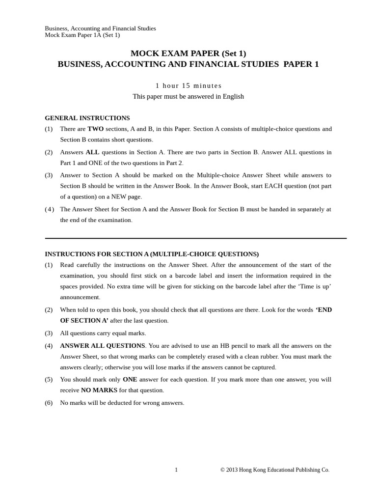 BAFS - Mock - Set 1 - Paper 1A - Eng | PDF | Credit | Finance & Money ...
