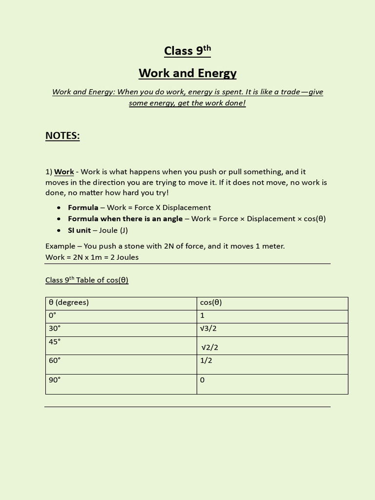 Class 9 Work and Energy Notes | PDF | Potential Energy | Watt