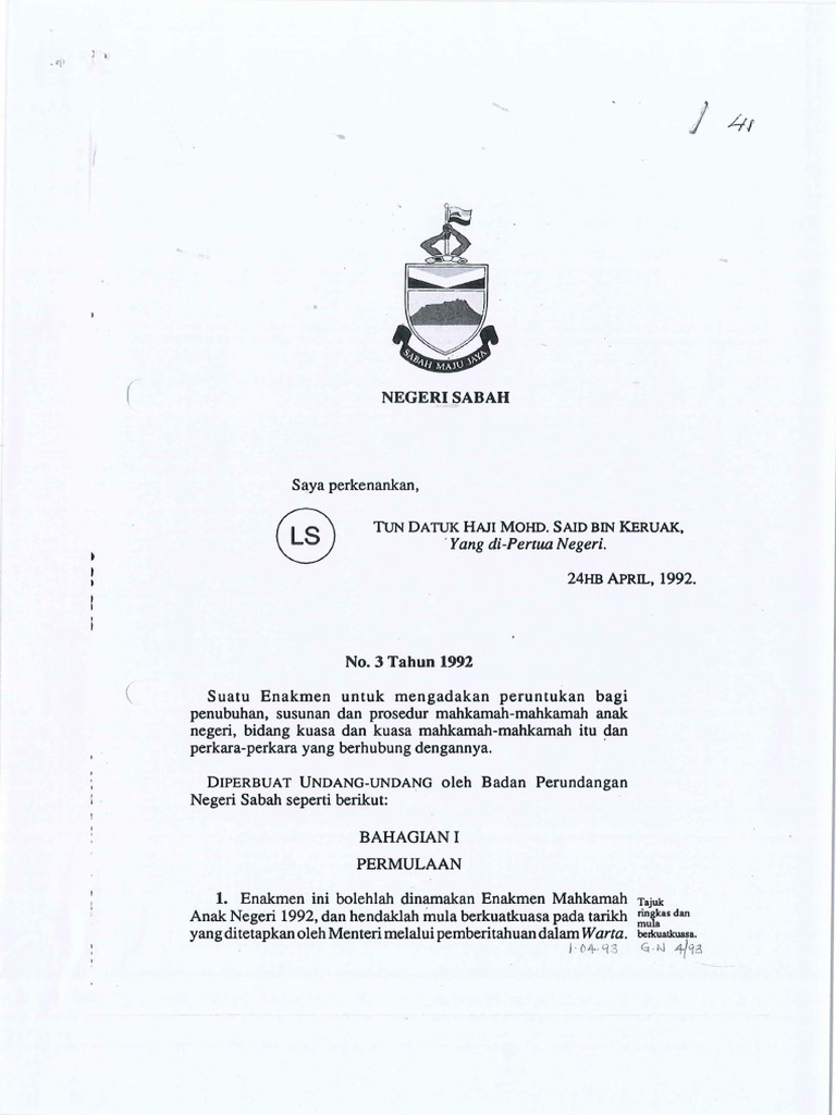 Enakmen Mahkamah Anak Negeri 1992 | PDF