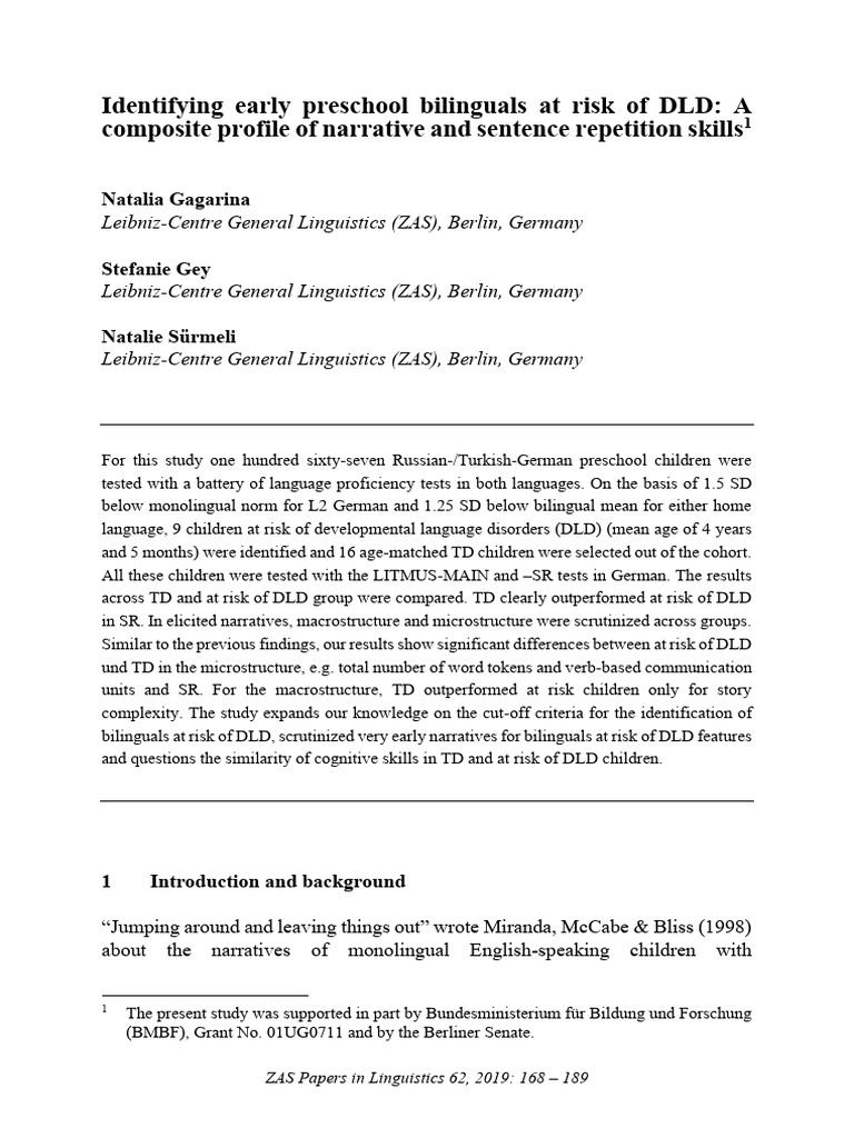 Identifying Early Preschool Bilinguals at Risk of DLD | PDF | Multilingualism | Memory