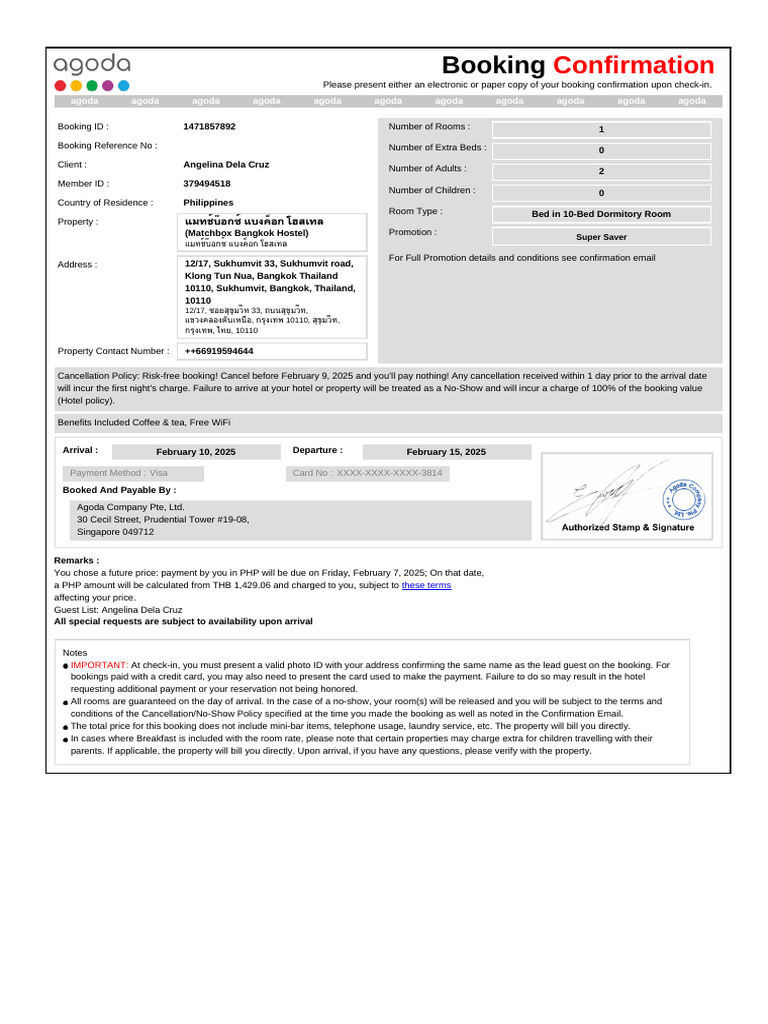 Confirmation For Booking ID # 1471857892 | PDF | Payments