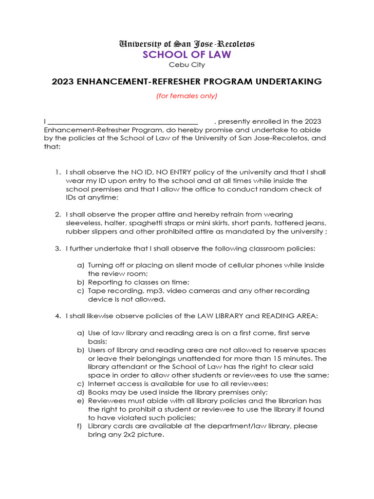 2023 Refreher Undertaking (FEMALE) | PDF | Justice | Crime & Violence