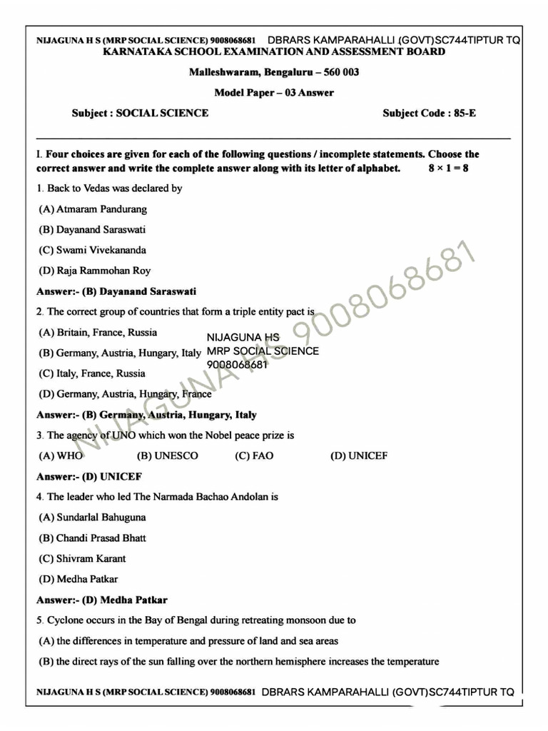 SSLC SOCIAL Model - 3 KEY ANSWER ALL THE BEST BY NIJAGUNA HS 9008068681 ...