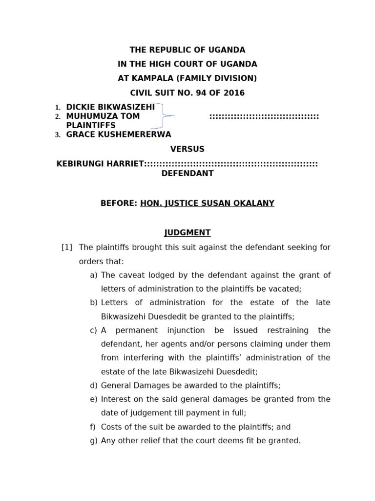 Uganda High Court Family Case Judgment | PDF | Marriage | Witness