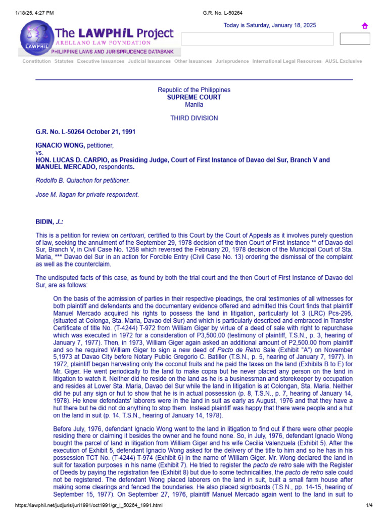 Forcible Entry Case: Wong vs. Mercado | PDF | Lawsuit | Complaint
