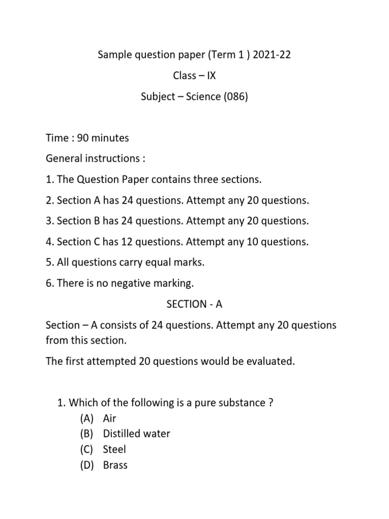 Class 9 Science Sample Question Paper | PDF | Mixture | Velocity