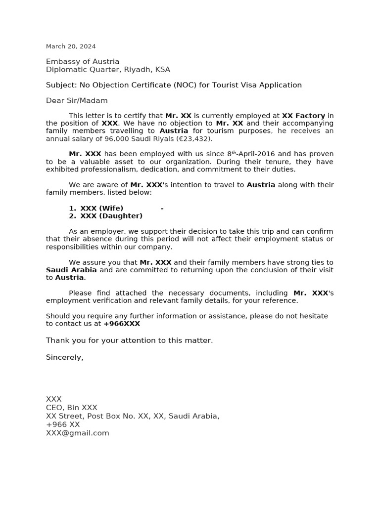 Employer NOC for Austria Tourist Visa | PDF