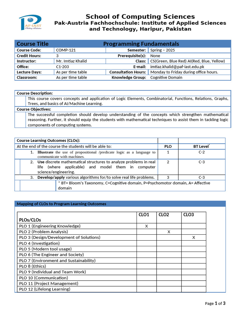 COMP-121 Discrete structure Course Card Suggested by Imtiaz | PDF ...