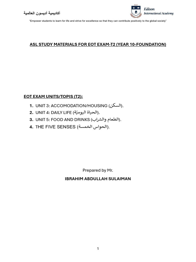 ASL Study Materials Year 10 EOT | PDF