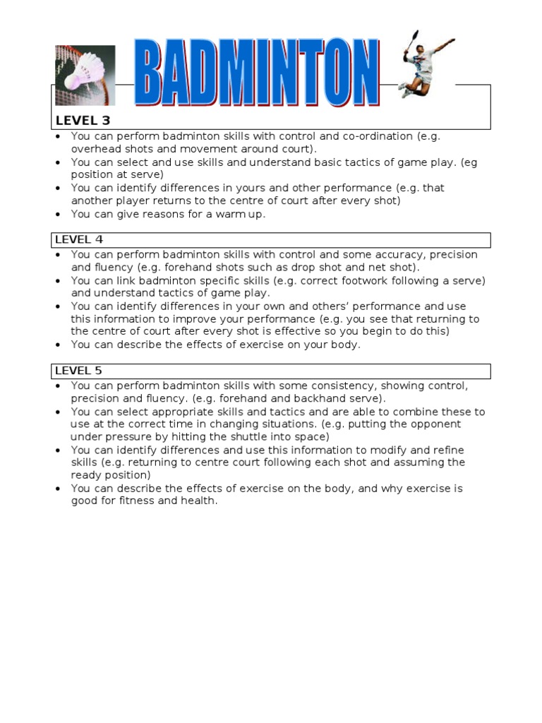 Badminton Skills and Performance Levels | PDF | Sports