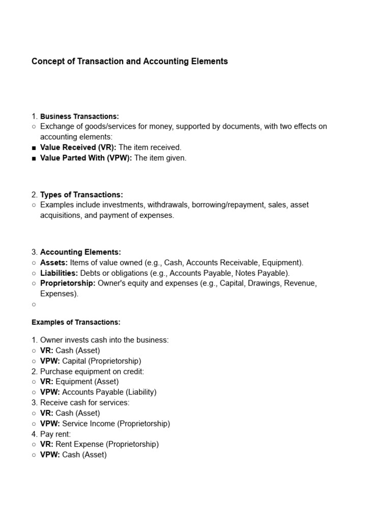 Concept of Transaction and Accounting Elements | PDF
