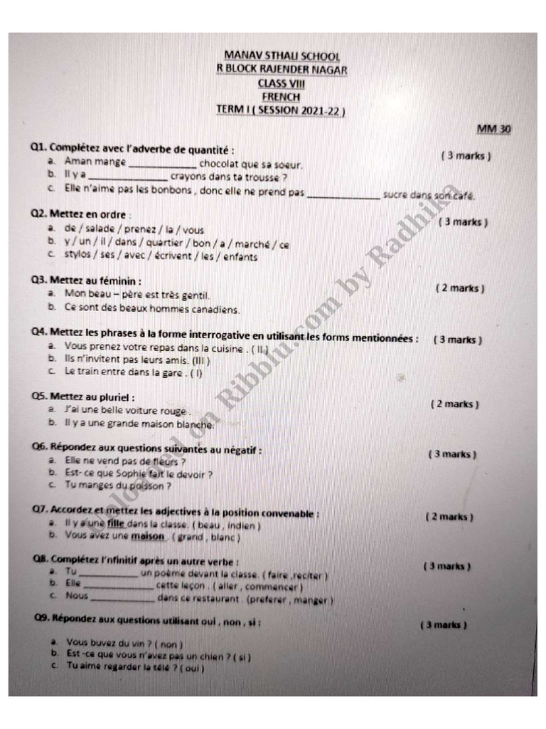 Class 8 French Question Paper Term 1 Manav Sthali School | PDF