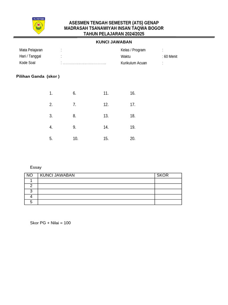 Format Kunci Jawaban ATS GENAP | PDF