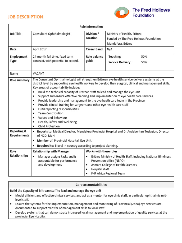 Job Description Consultant Ophthalmologist Eritrea | PDF ...