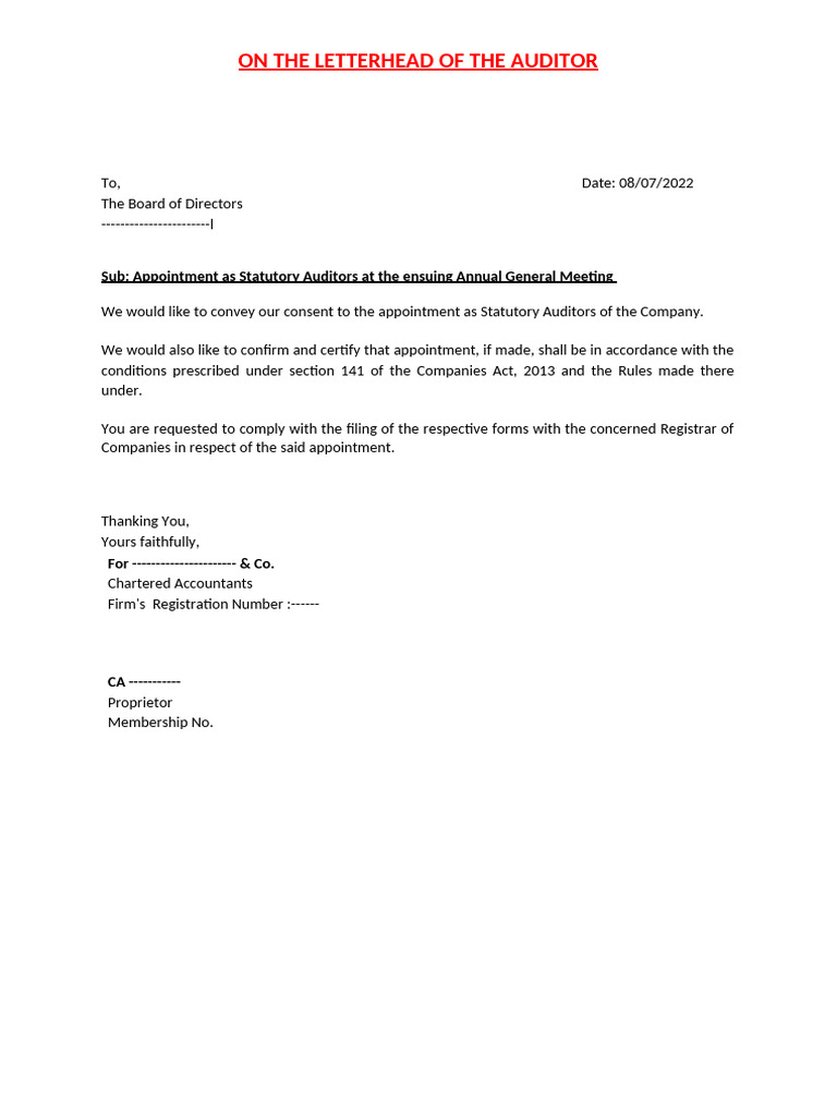 Auditor Appointment Consent Letter | PDF