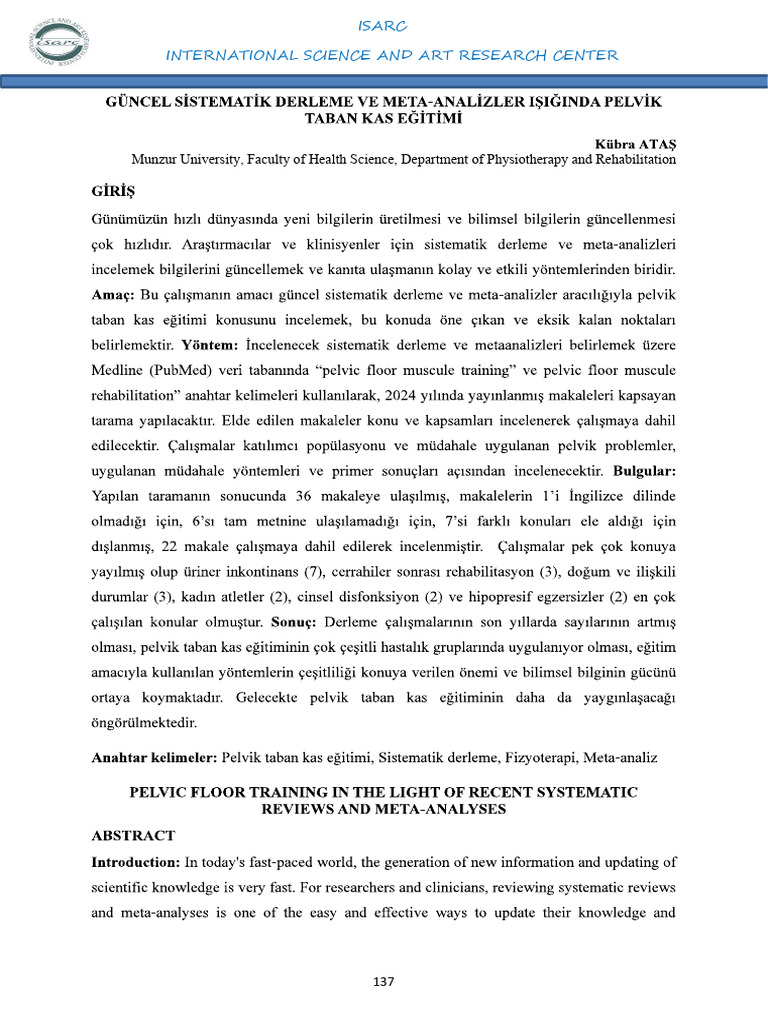 Bildiri - 2024 Güncel Sistematik Derleme Ve Metaanalizler Işığında Pelvik Taban Kas Eğitimi | PDF