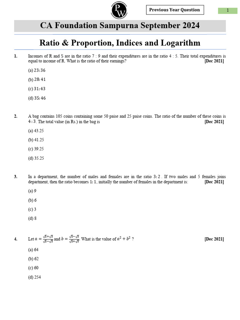 CH 1 Ratio and Proportion, Indices, Logarithm | PDF | Mathematics