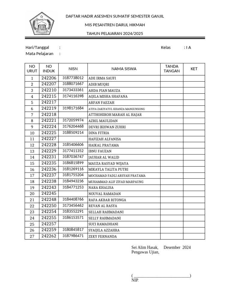 Daftar Hadir Ujian 2024 | PDF
