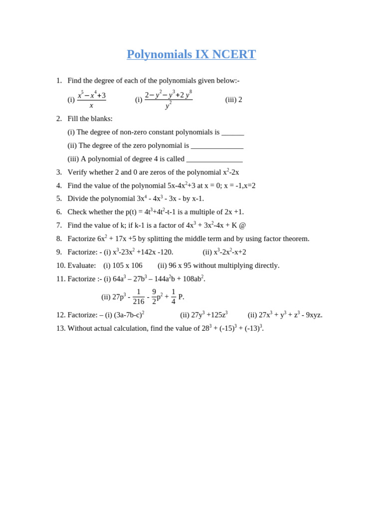 Class 9 Polynomial Exercises NCERT | PDF