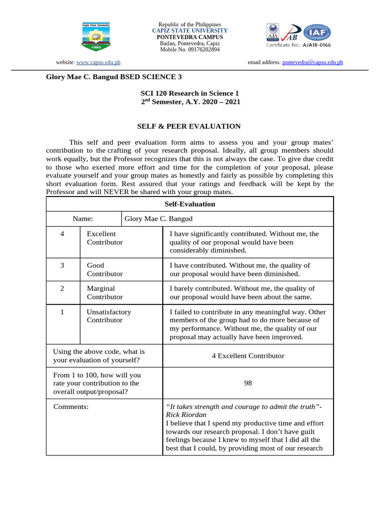 SCI 120 Self and Peer Evaluation | PDF