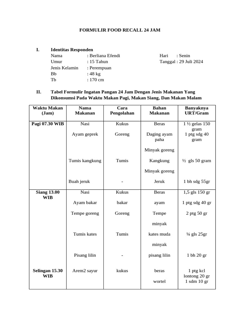 FORMULIR - FOOD - RECALL - 24 - JAM NCP | PDF
