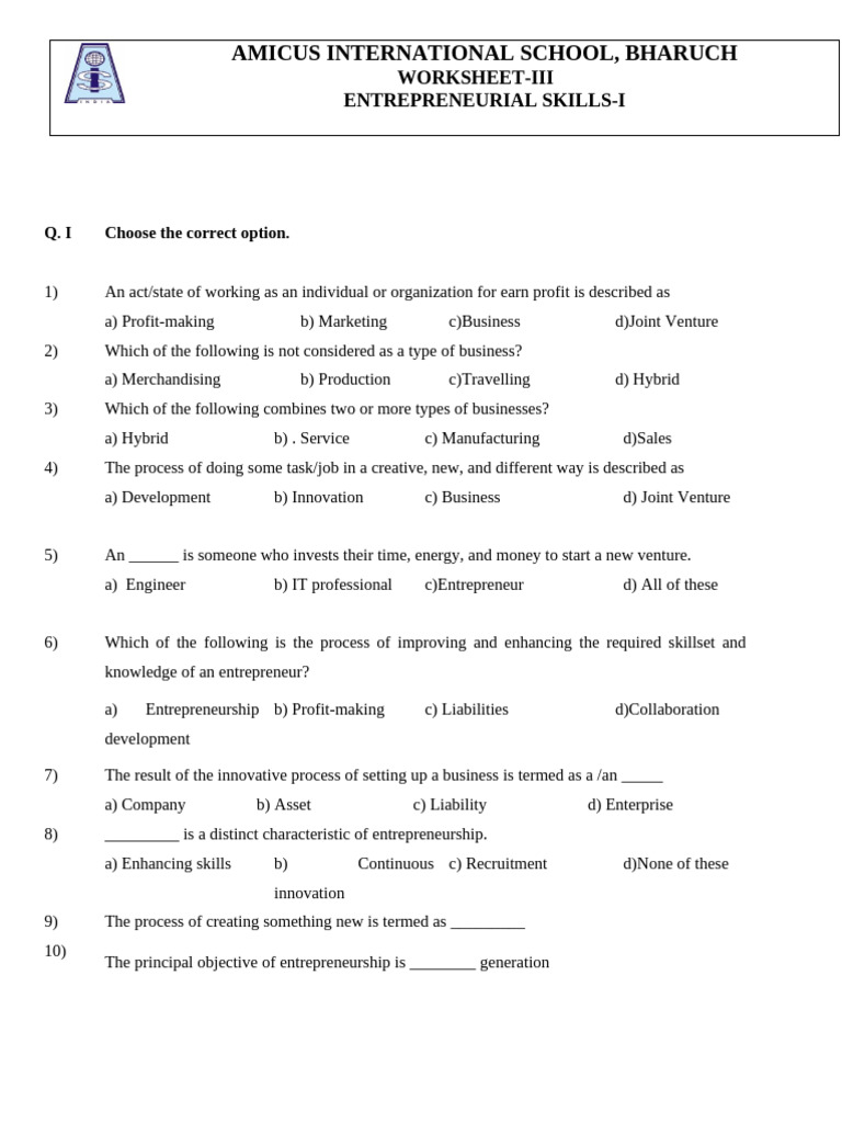 Class 9 Part A Unit 4 Worksheet | PDF | Entrepreneurship | Innovation