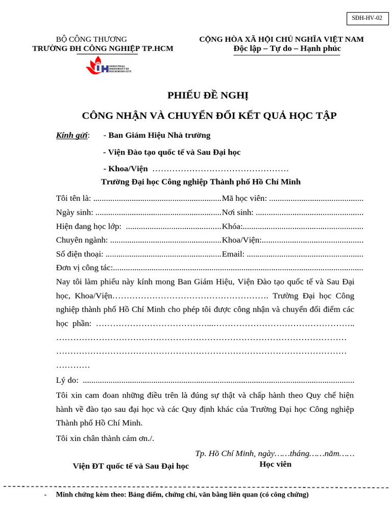 2.2 Phieu de Nghi Cong Nhan Va Chuyen Doi Ket Qua Hoc Tap | PDF