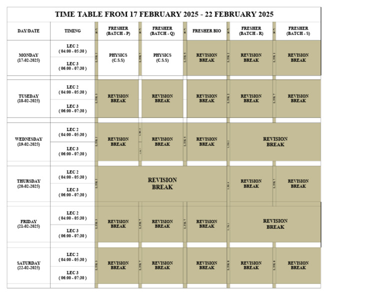 Fr All Time Table 17.02 - 22.02 | PDF