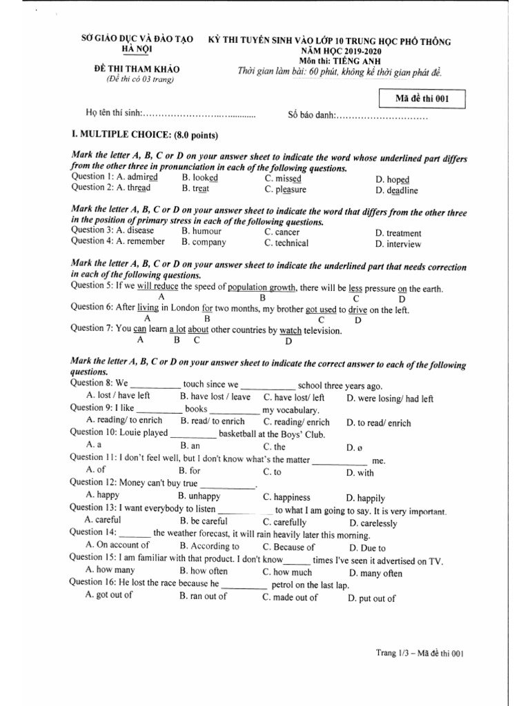 Test 10 - Entrance Exam Practice Test Thi TH HN (2019) | PDF