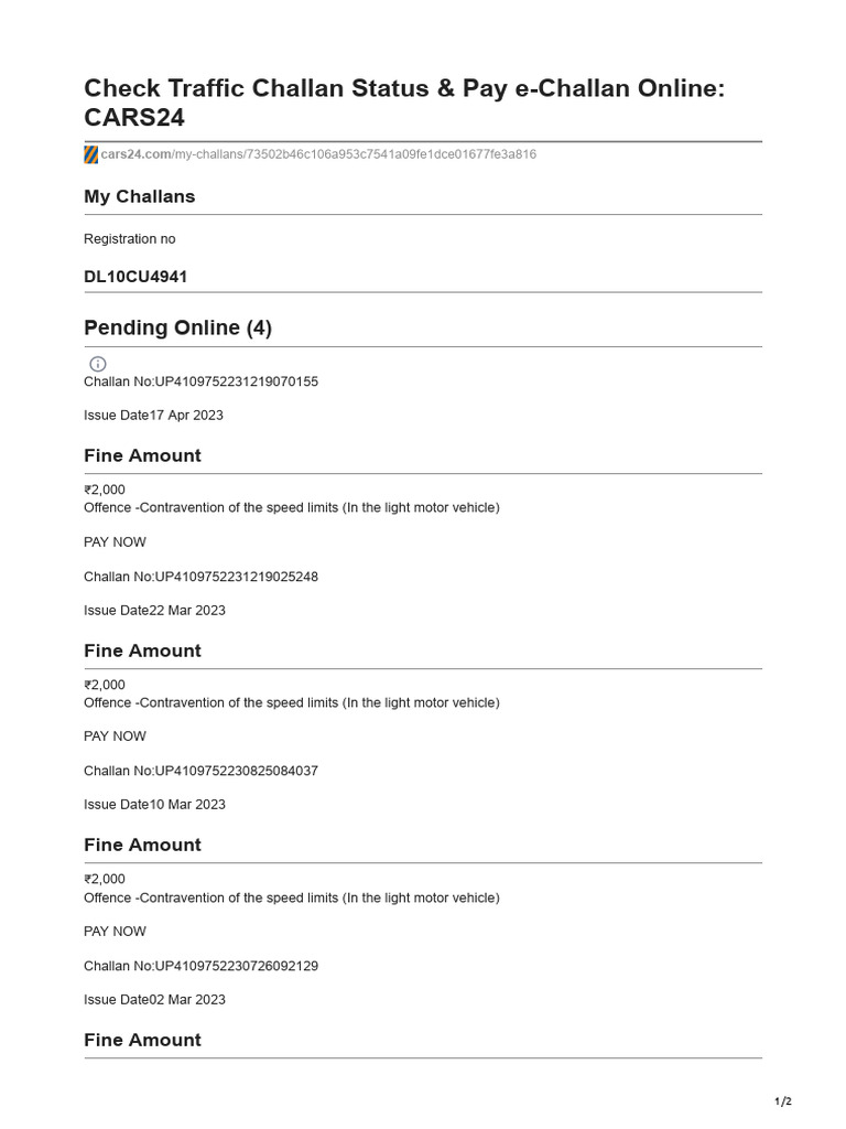Check Traffic Challan Status Pay E-Challan Online CARS24 | PDF