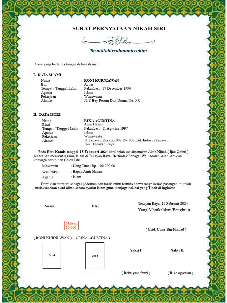 Surat Pernyataan Nikah Sirih-1 | PDF