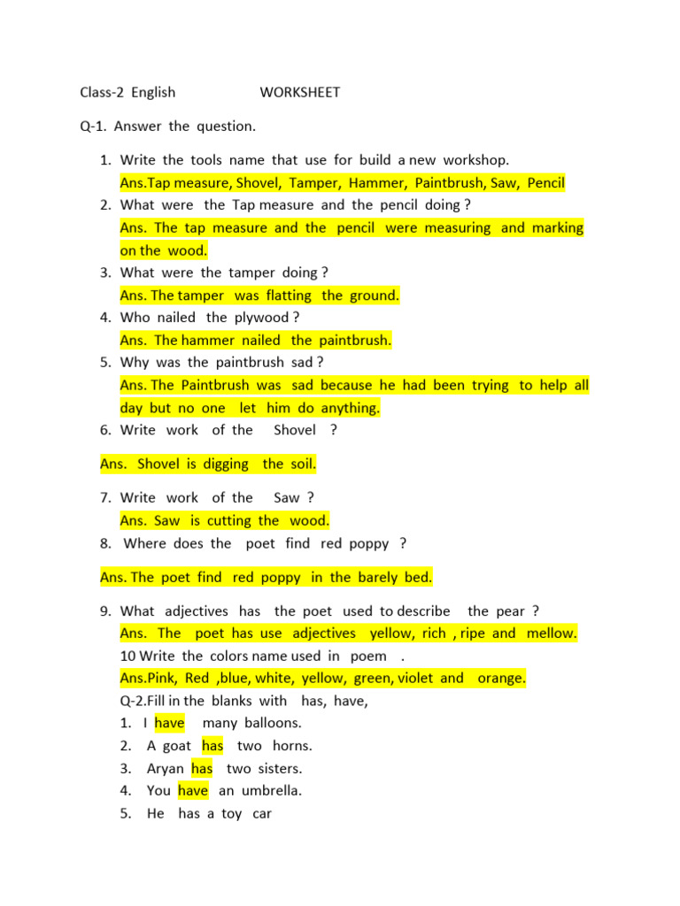 Class-2 English Worksheet Pt-3 | PDF