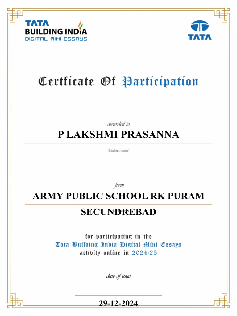 P LAKSHMI PRASANNA Certificate of Participation ESSAYY | PDF