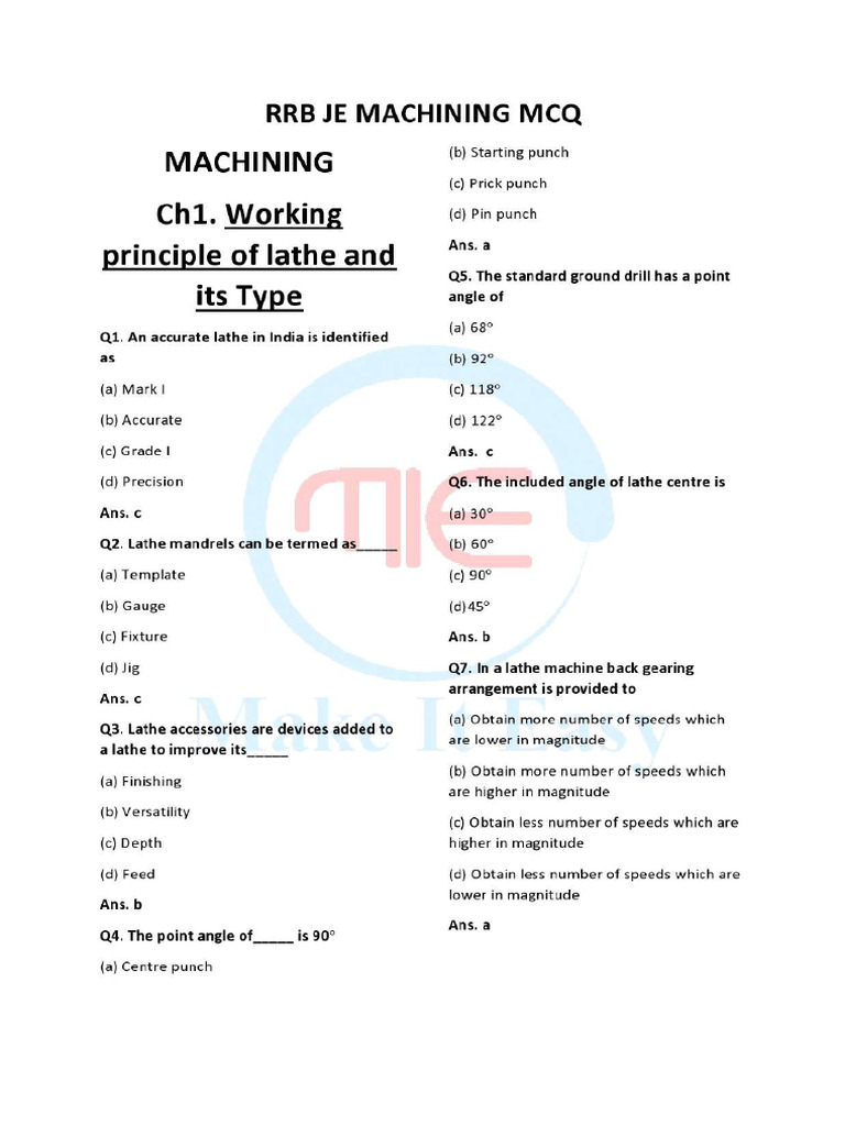 207) (RRB JE MCQ) (Machining MCQ RRB) RRB JE MCQ Machining | PDF