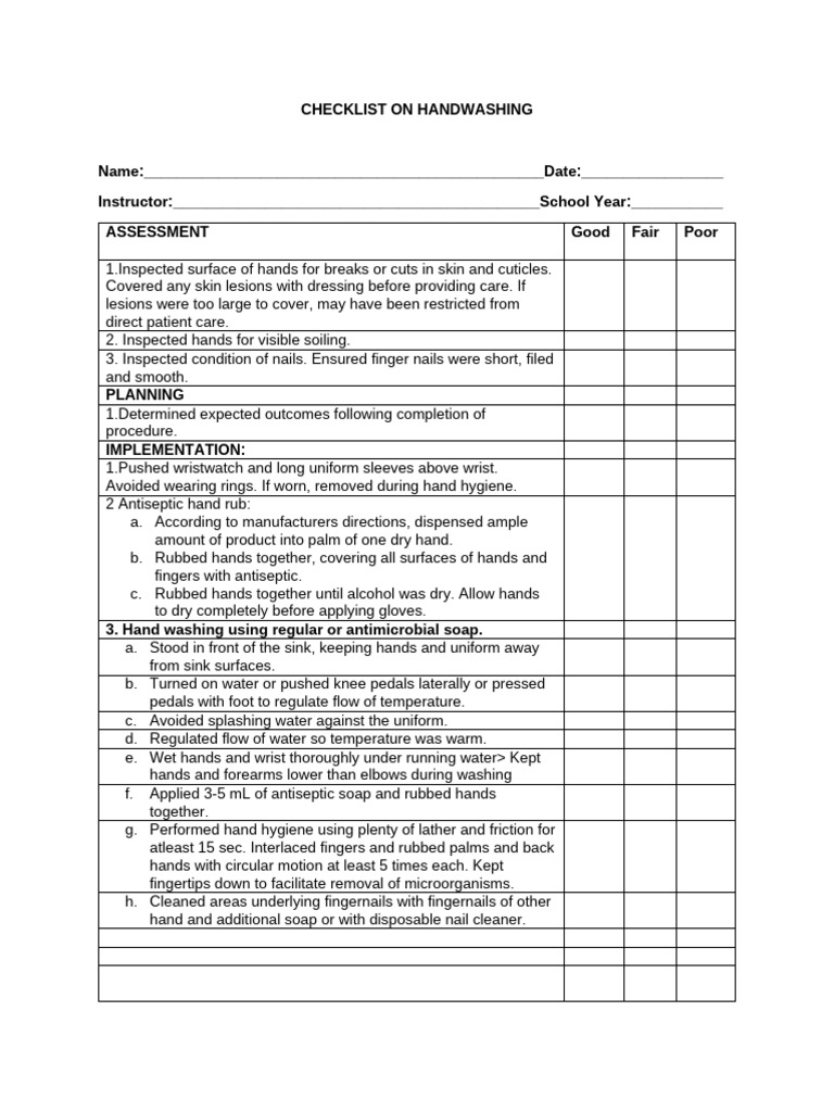2.1 Checklist On Handwashing | PDF | Hand Washing | Hygiene