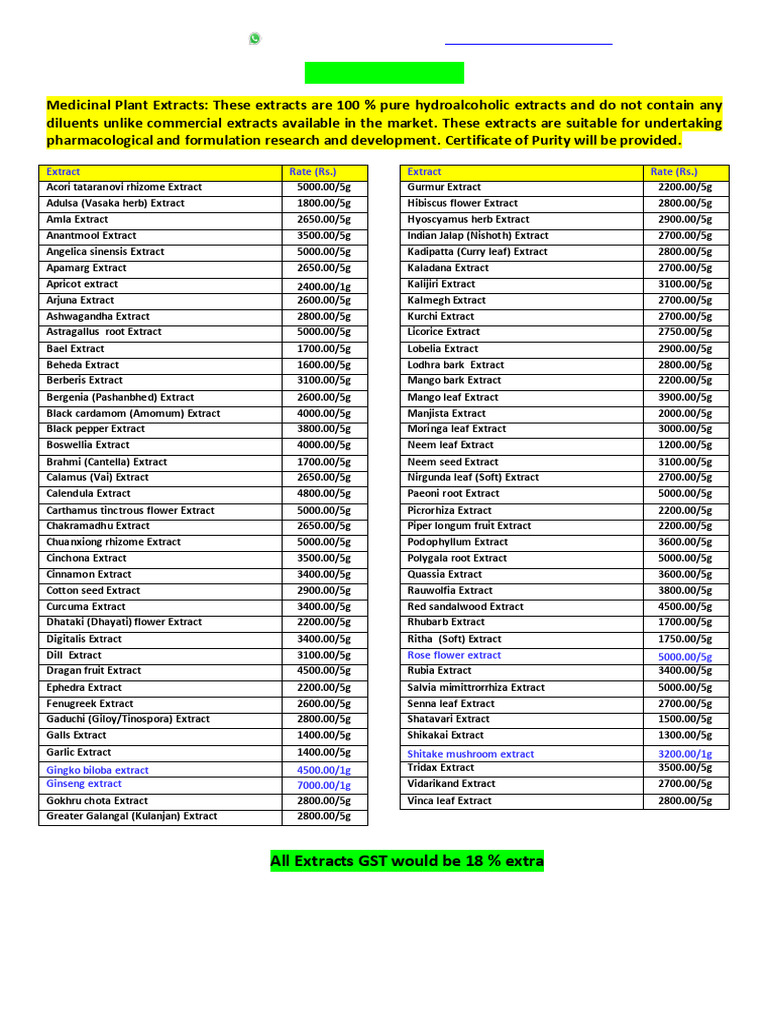 Yucca Enterprises Herbal Extracts Price List | PDF | Accounts Payable