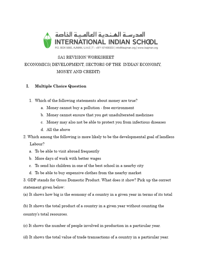 Sa1 Economics Revision Worksheet Answer | PDF | Banks | Money