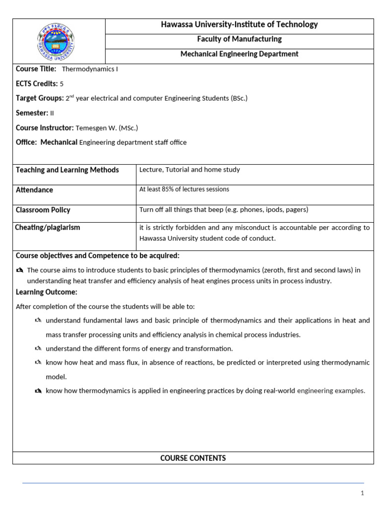 Thermodynamics Course Outline | PDF | Entropy | Heat