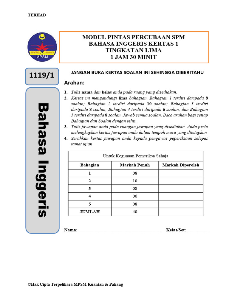 English Paper 1 Modul Pintas PPC 2024 (Pahang) | PDF | Physical Fitness | Mind