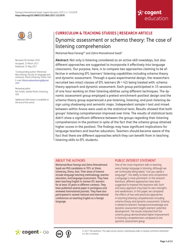 Comparing Schema Theory and Dynamic Assessment in EFL Listening | PDF ...