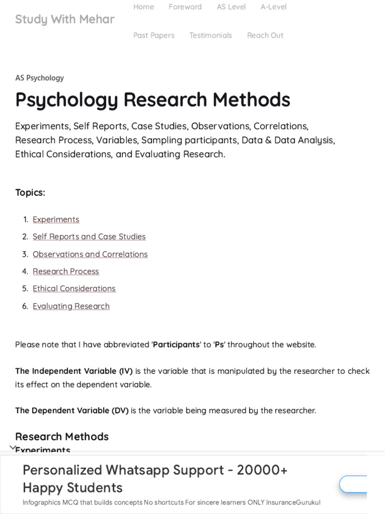 Psychology Research Methods - Study With Mehar | PDF | Experiment ...