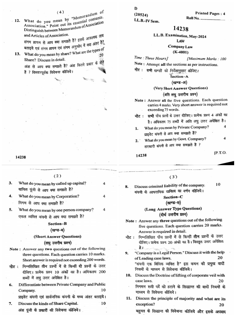 LLB 4 Sem Law Company Law 14238 May 2024 | PDF
