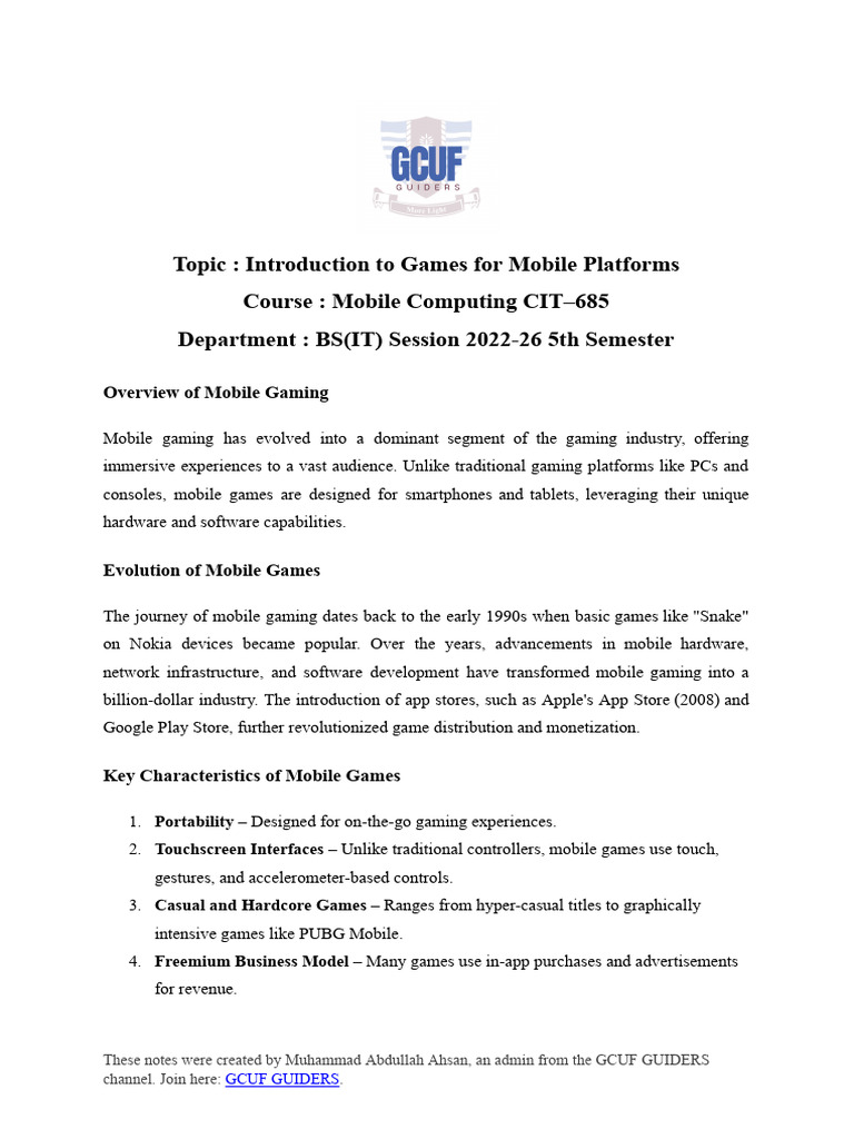 Introduction To Games For Mobile Platforms - Mobile Computing CIT-685 - BS IT 5th Semester | PDF ...