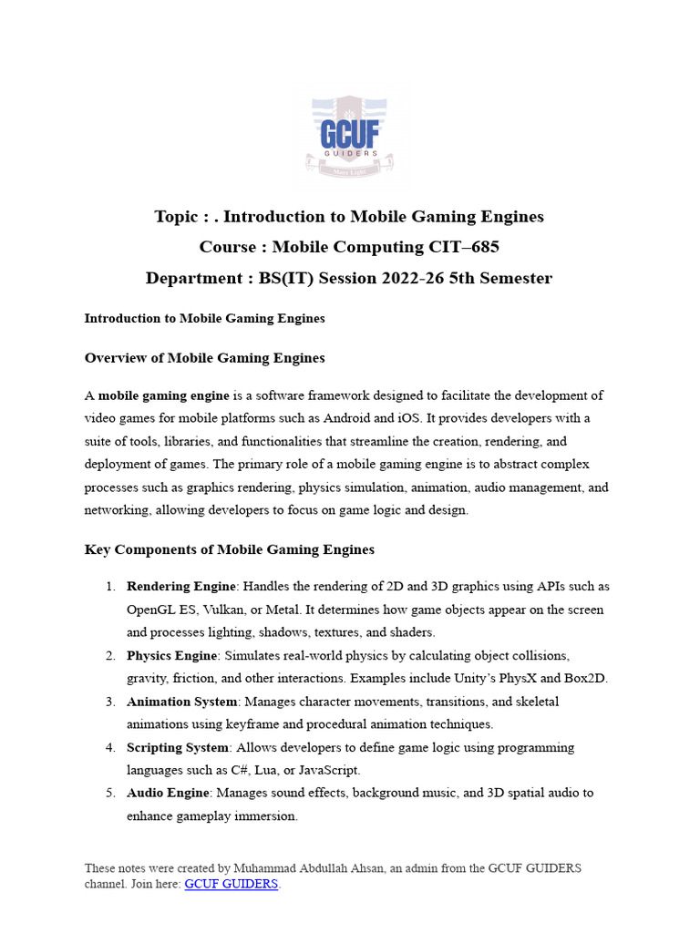 Introduction To Mobile Gaming Engines - Mobile Computing CIT-685 - BS IT 5th Semester | PDF ...