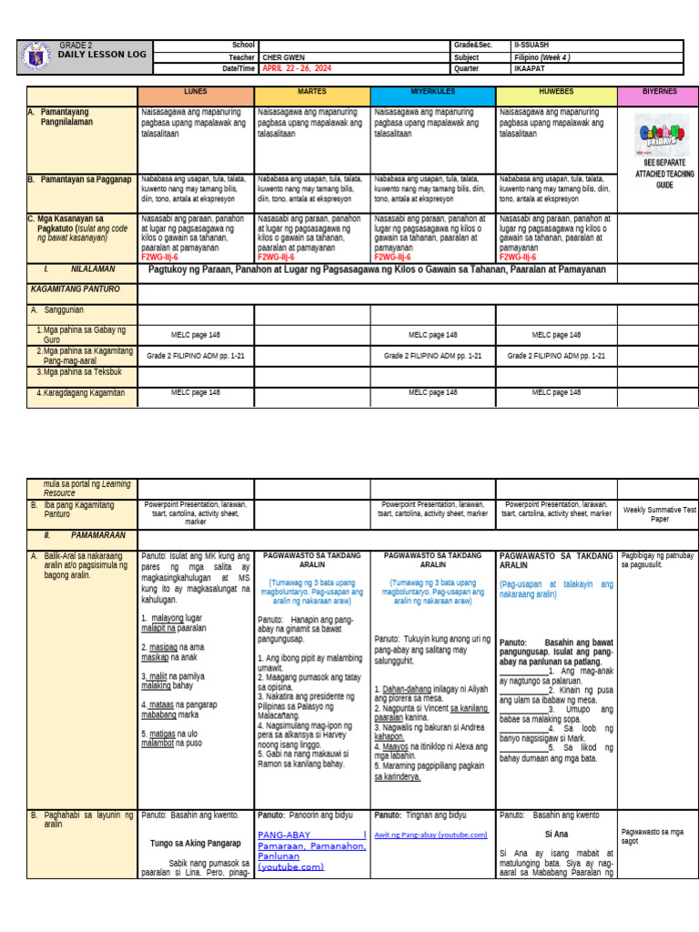 Q4 DLL Filipino2 Week-4 | PDF