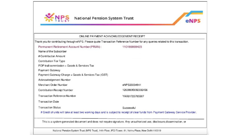 NPS Payment Acknowledgment Receipt | PDF