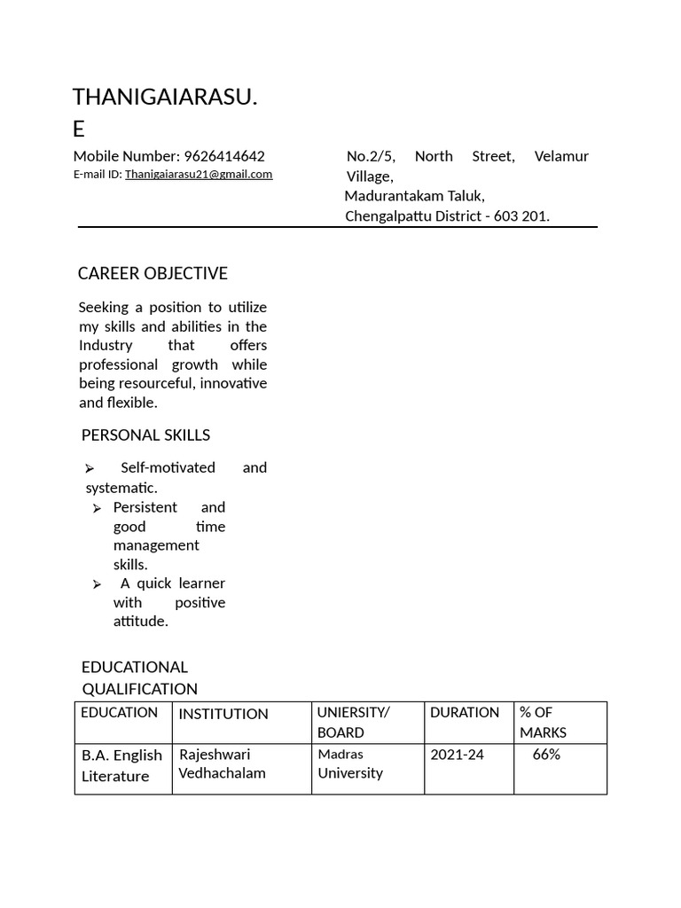 Resume of Thanigaiarasu E | PDF