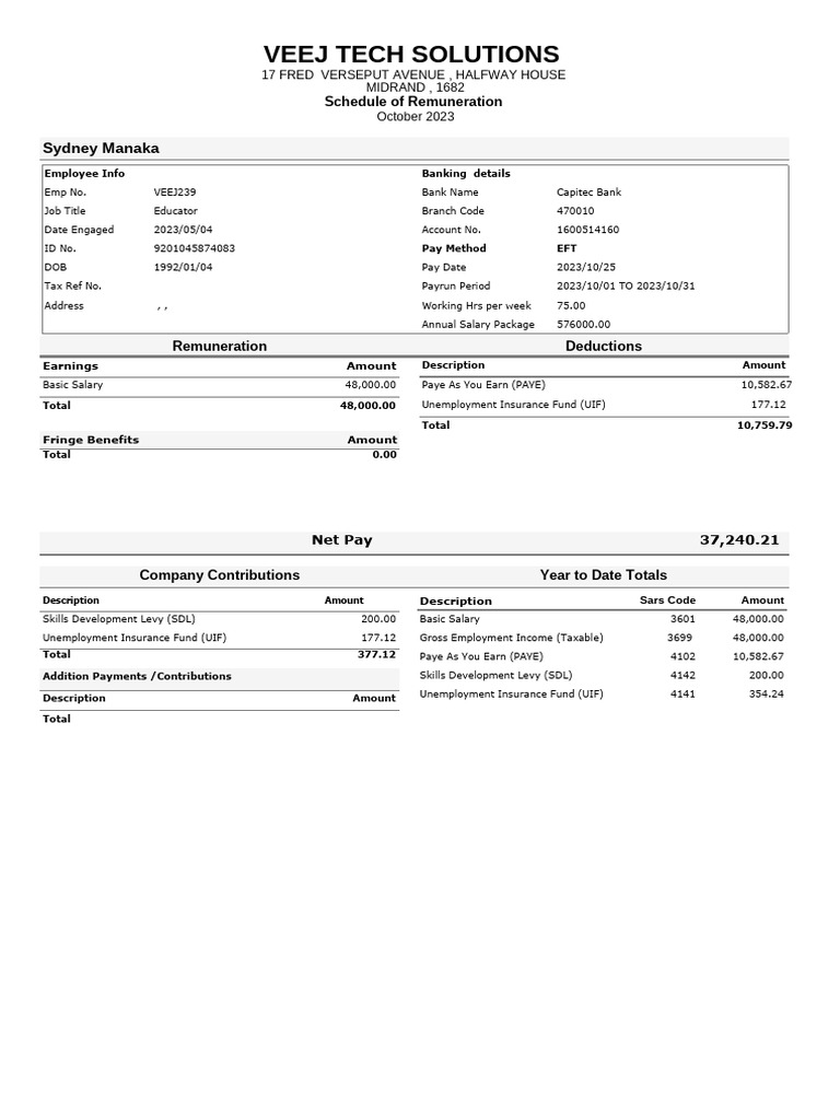 Sydney Manaka October Payslip1 - 021636 | PDF | Business | Taxes