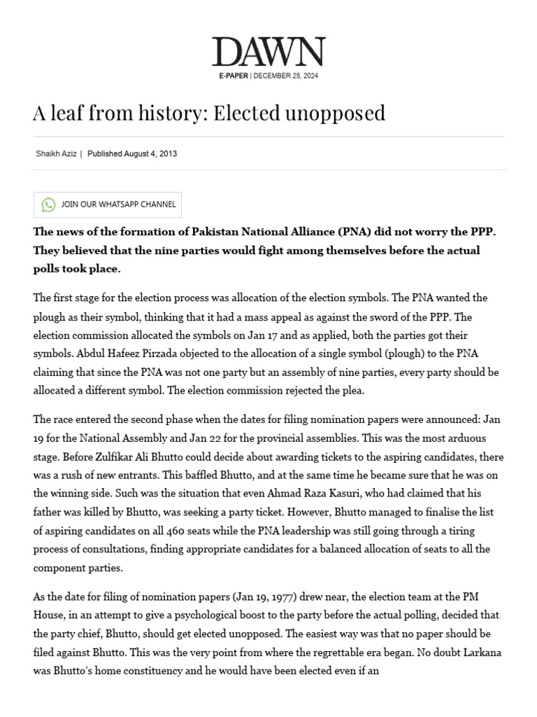 A Leaf From History - Elected Unopposed - Newspaper | PDF | Zulfikar ...