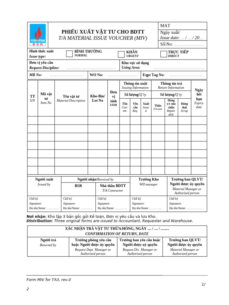 MIV_Material Issue Voucher for TA3_rev 0 (1) | PDF